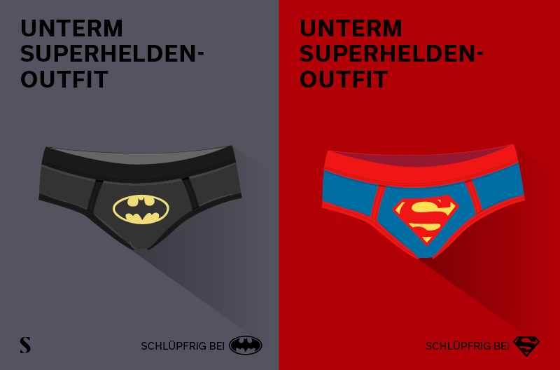 Der Style-Kampf von Batman und Superman mit der Unterwäsche der Superhelden