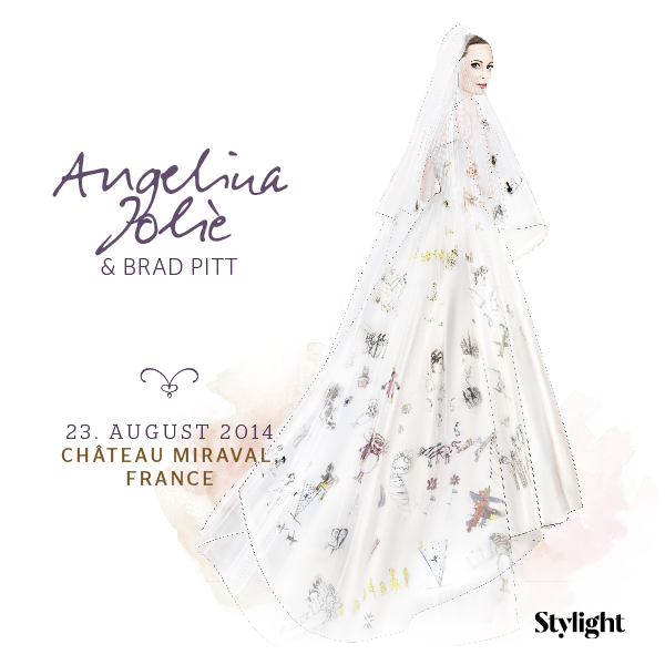 Zeichnung von Angelina Jolies Hochzeitskleid als eine der schönsten Star-Bräute