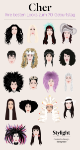Infografik mit den besten Looks und Frisuren von Cher